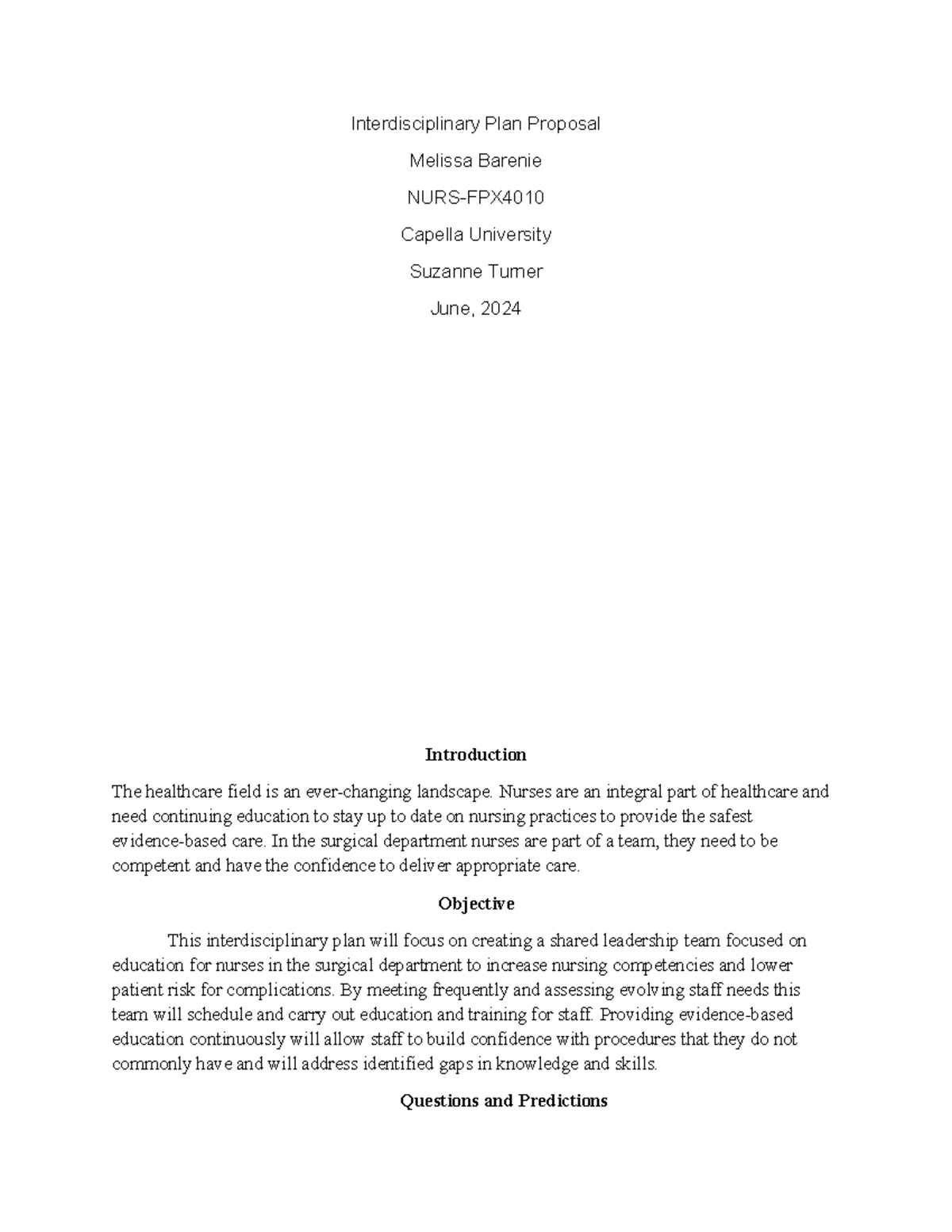 interdisciplinary Plan proposal - Interdisciplinary Plan Proposal Melissa Barenie NURS-FPX ...
