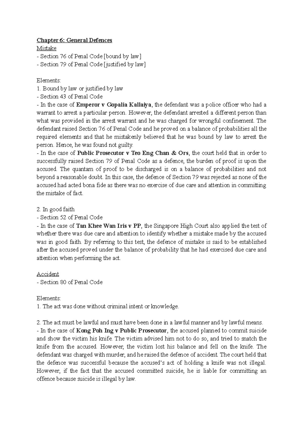 Chapter 6 Notes - Chapter 6: General Defences Mistake Section 76 of ...