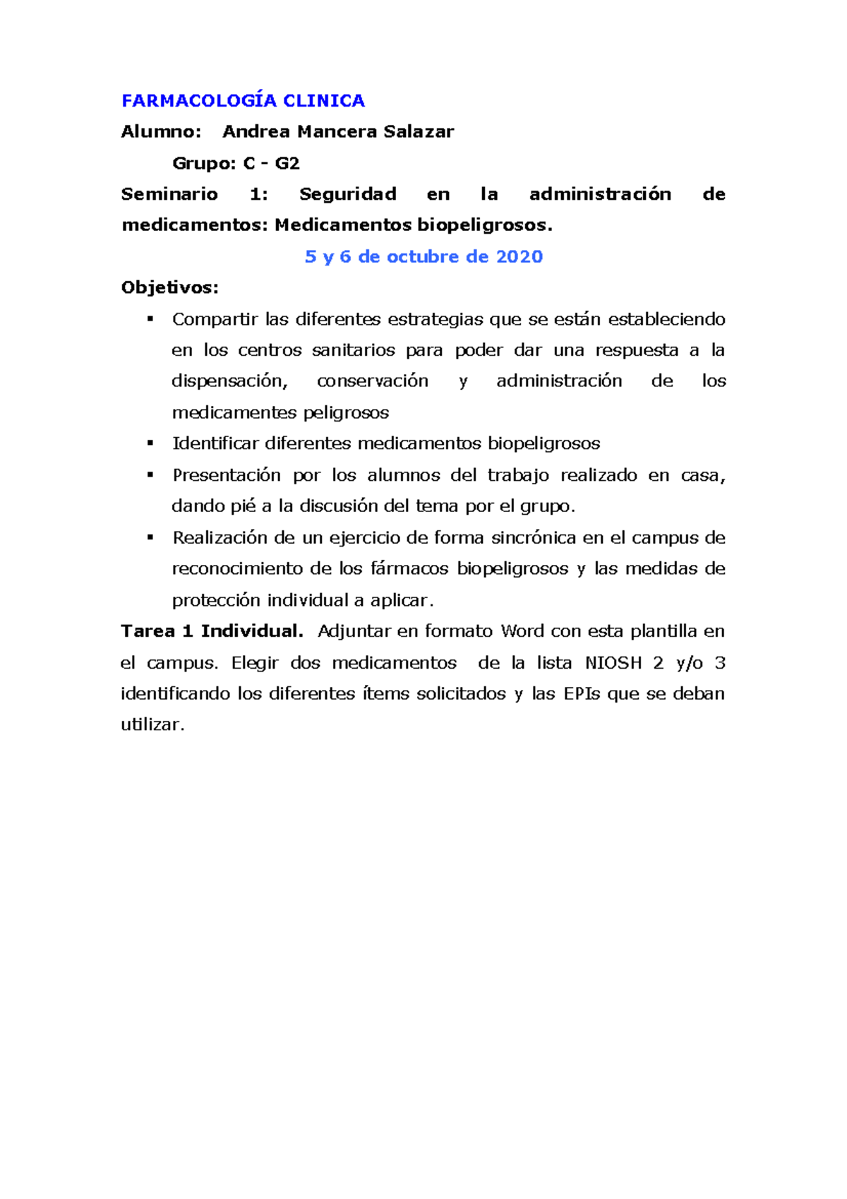 Seminario 1 bioperillosos tarea virtual - FARMACOLOGÍA CLINICA Alumno ...