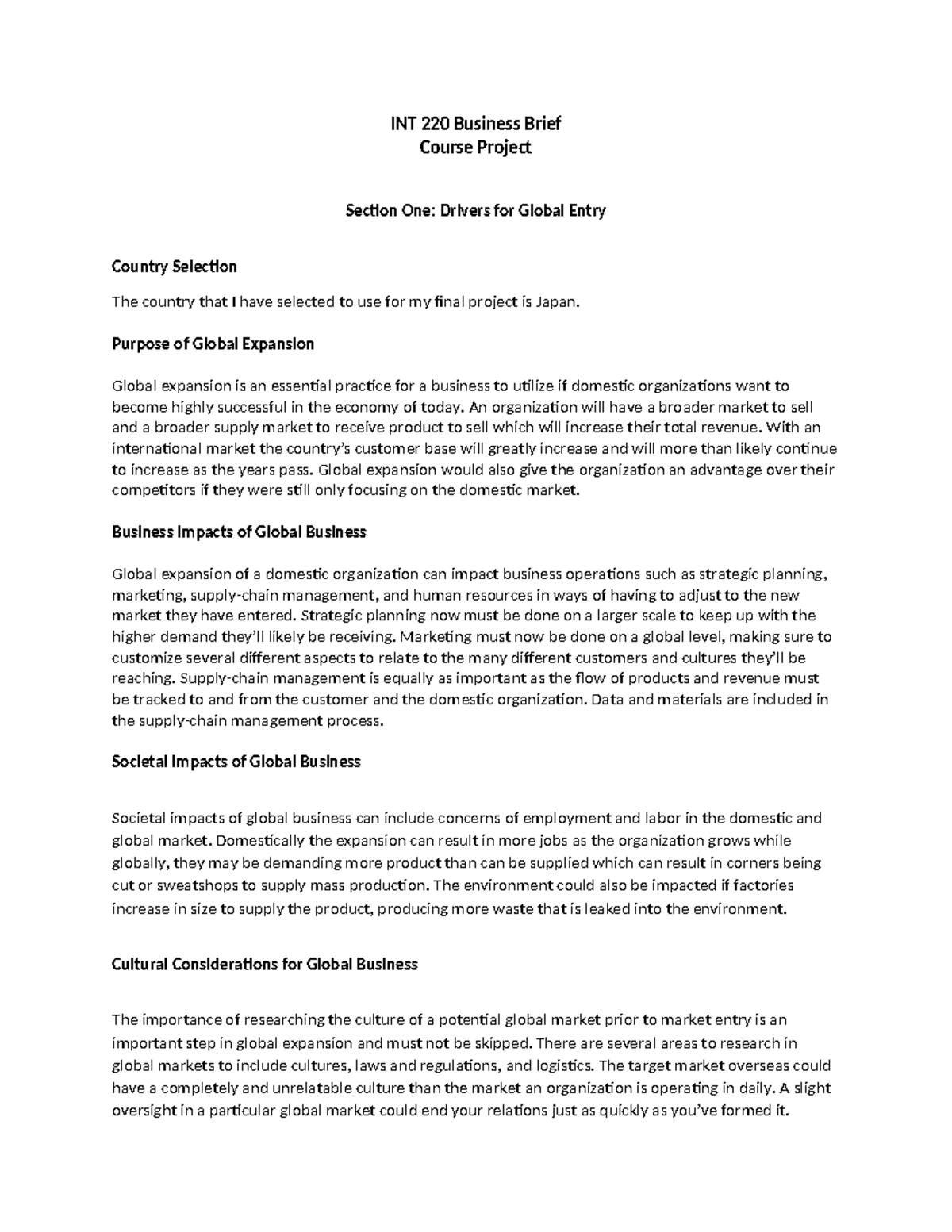 INT 220 5-2 Milestone 2 - INT 220 Business Brief Course Project Section ...