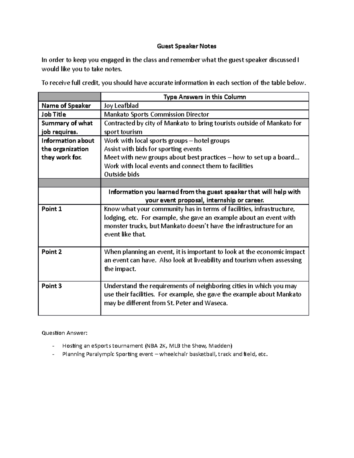 Guest Speaker Notes - To receive full credit, you should have accurate ...