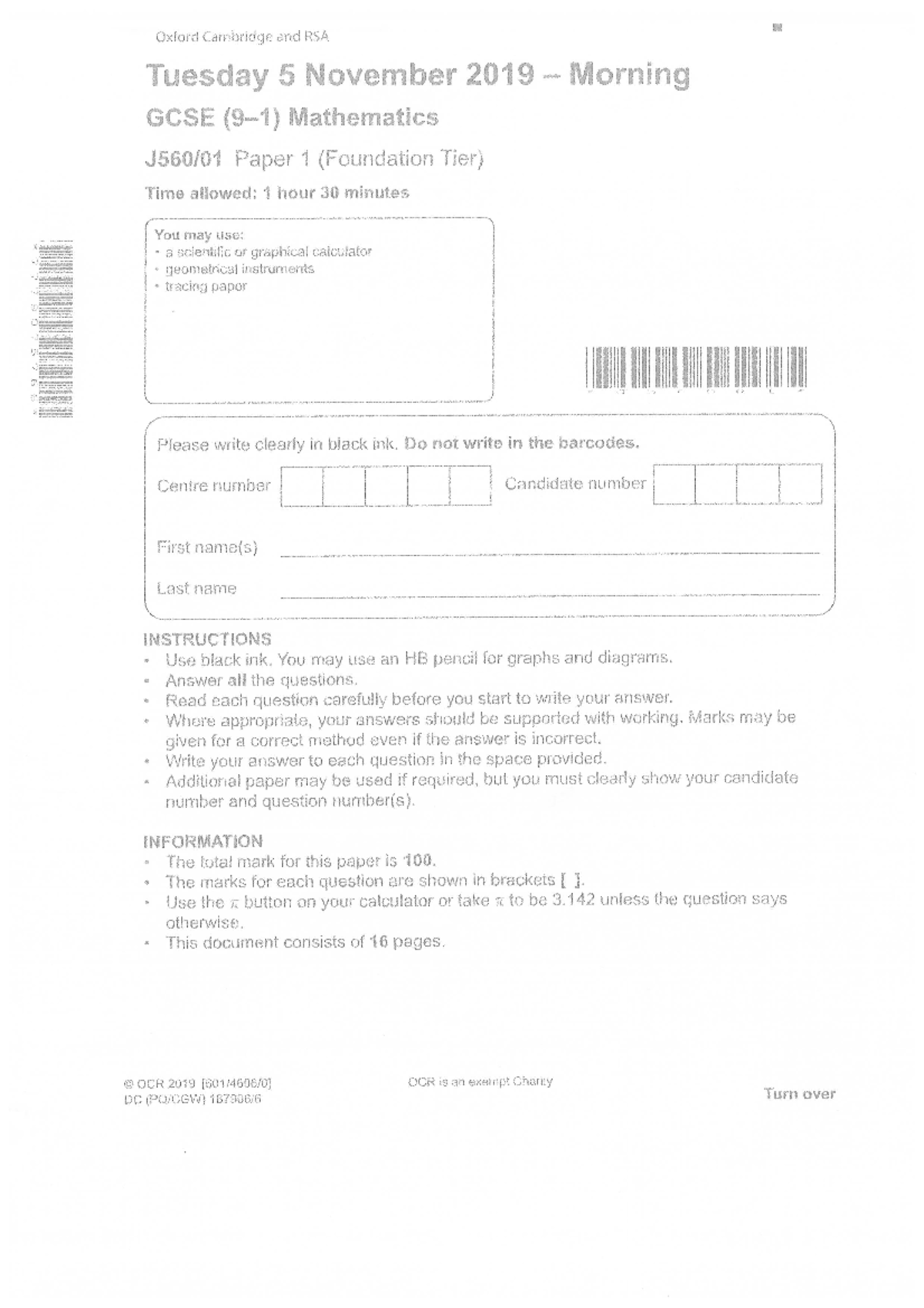 OCR GCSE Maths November 2019 Paper 1 Foundation - MATH 4083 - Studocu