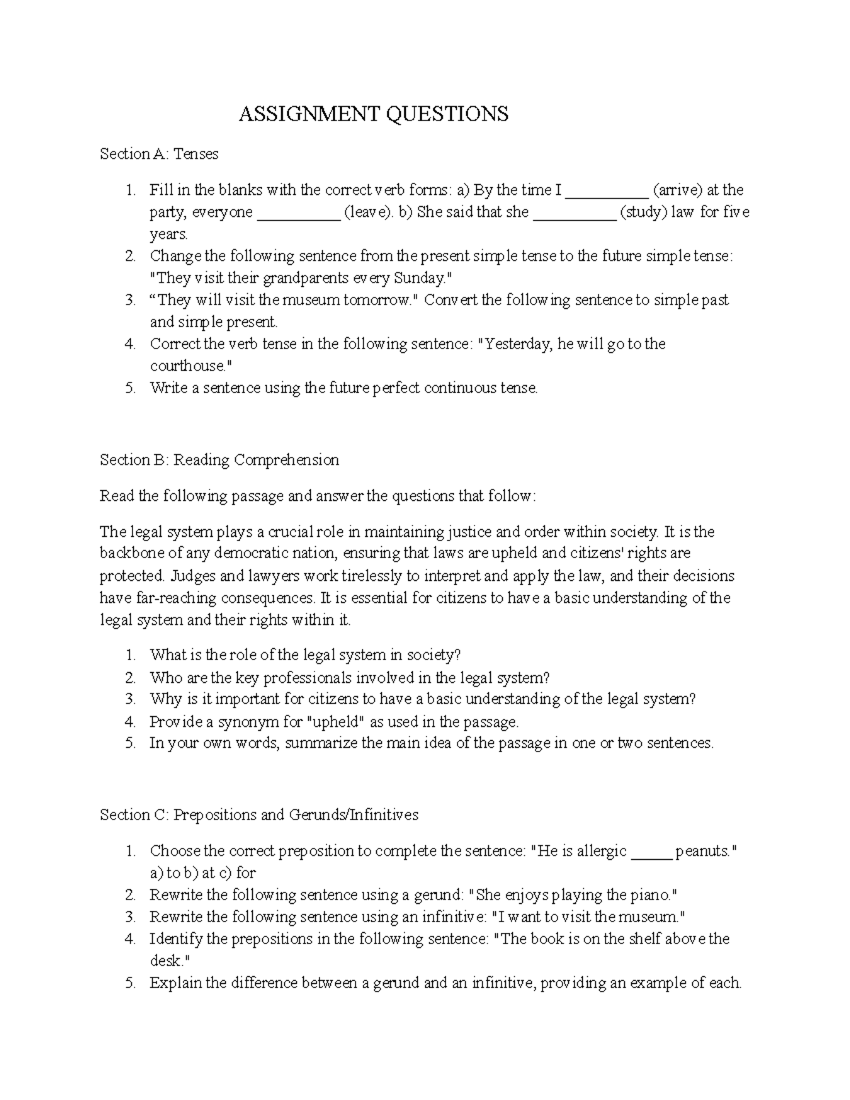Assignment Questions - notes - ASSIGNMENT QUESTIONS Section A: Tenses 1 ...