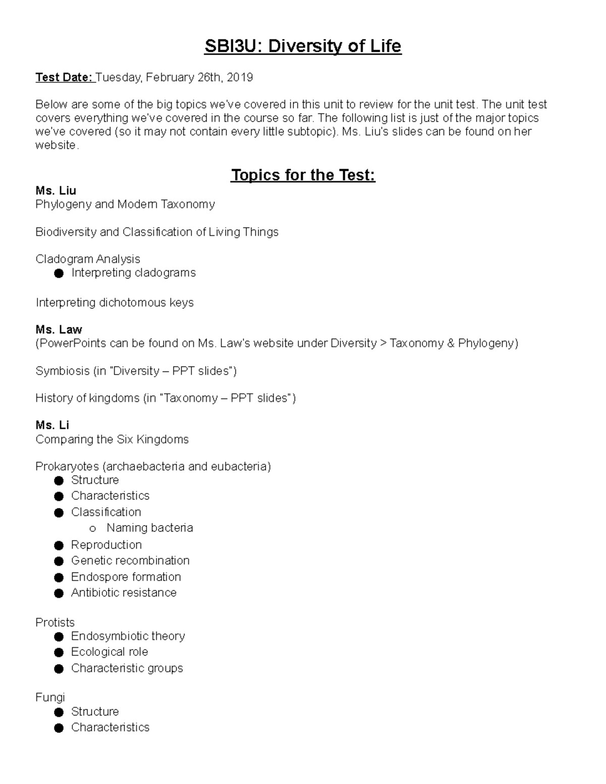 SBI3U Diversity of Life Unit Review - SBI3U: Diversity of Life Test ...