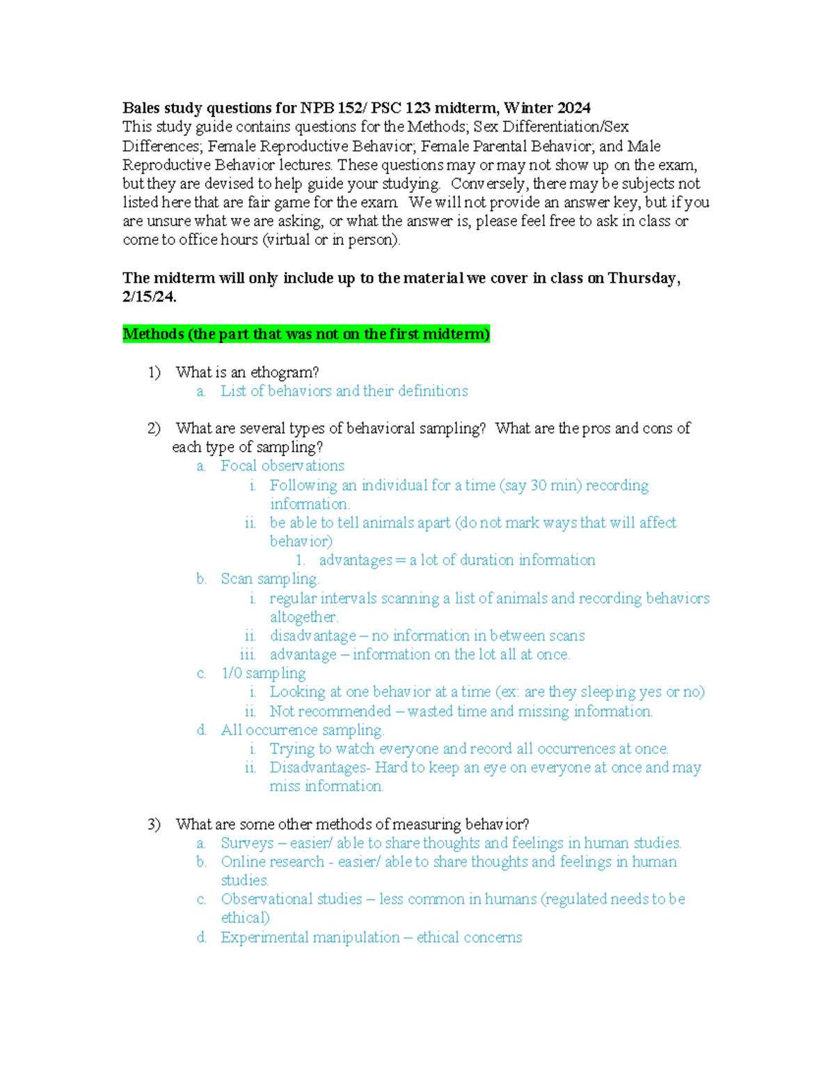 Study questions for second midterm - Bales study questions for NPB 152/ PSC 123 midterm, Winter ...