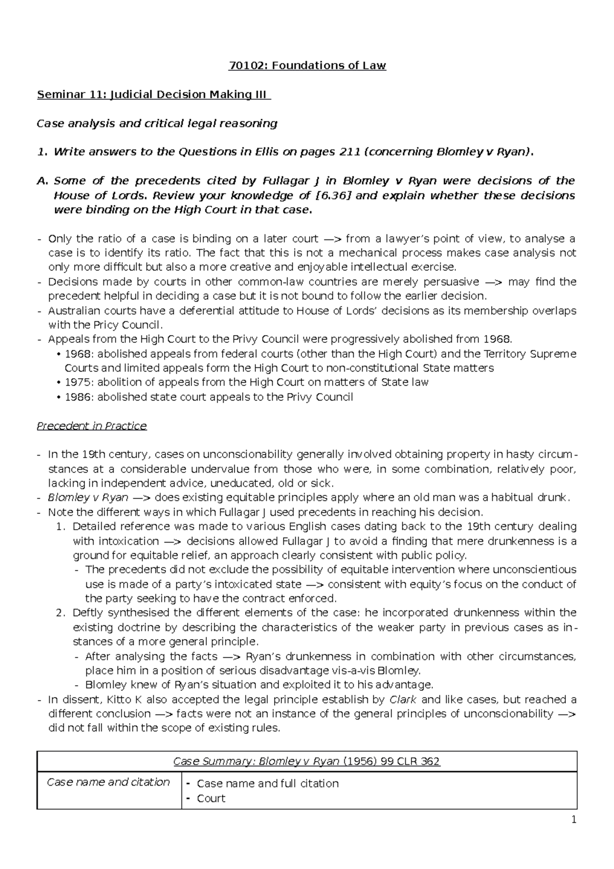 Seminars 10-20 - 70102: Foundations of Law Seminar 11: Judicial ...