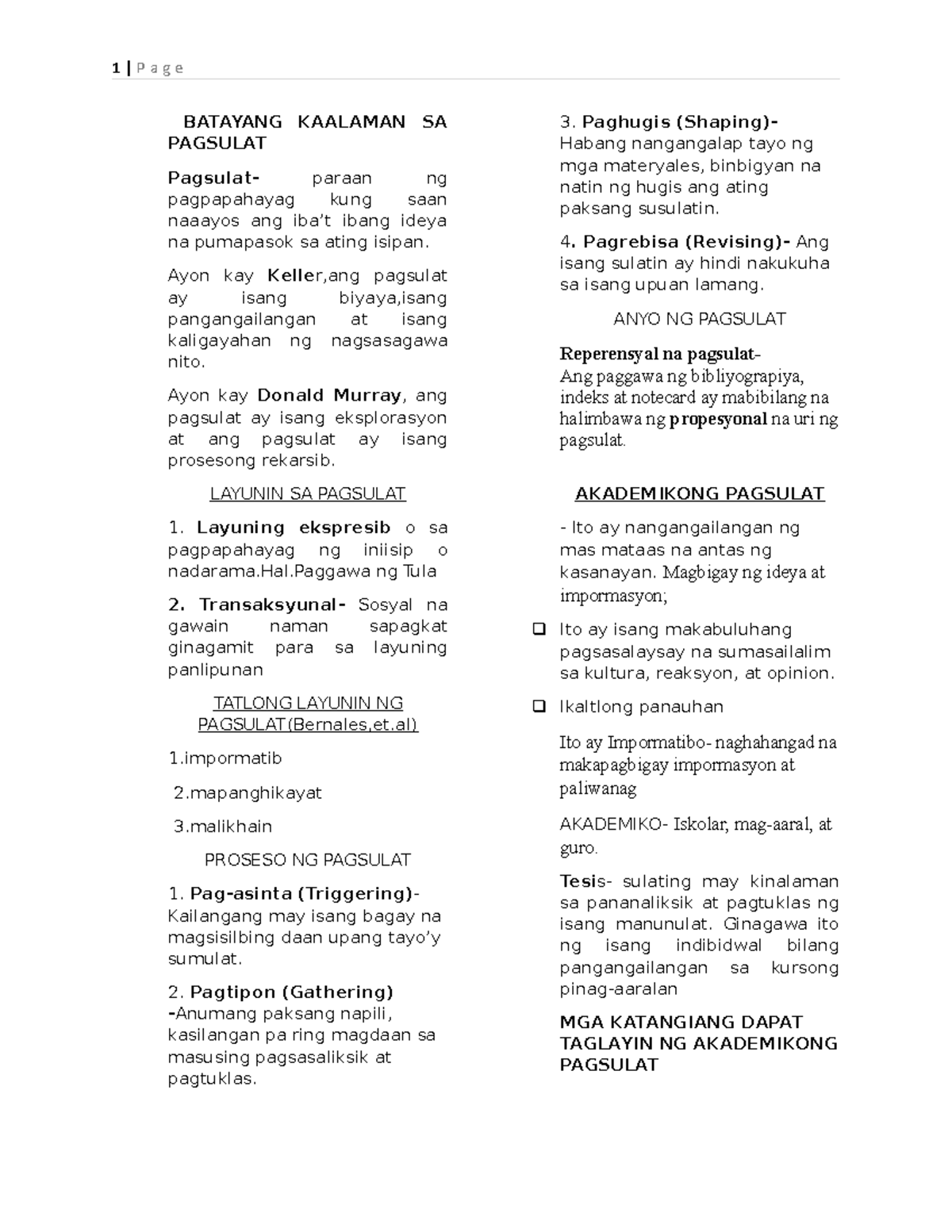 Reviewer- Filipino - BATAYANG KAALAMAN SA PAGSULAT Pagsulat- paraan ng ...