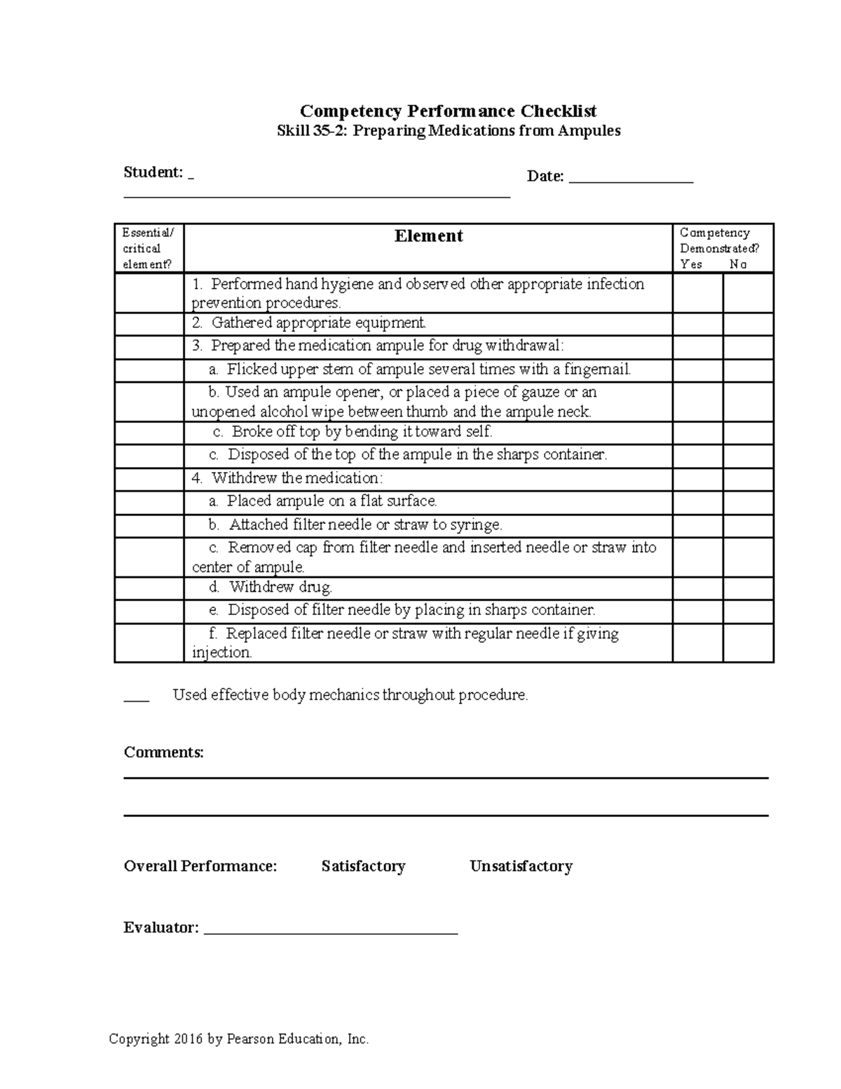 Berman 10e Skill 35-02 Ampules 2 - Competency Performance Checklist ...
