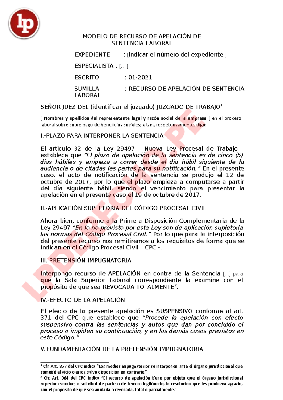 Modelo de apelacion laboral LP - MODELO DE RECURSO DE APELACIÓN DE SENTENCIA LABORAL EXPEDIENTE ...
