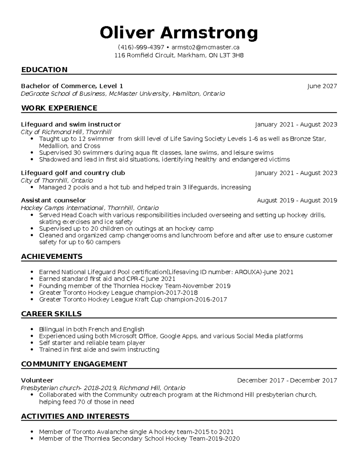 Resume - Oliver Armstrong (416)- 999 - 4397 • armsto2@mcmaster 116 ...