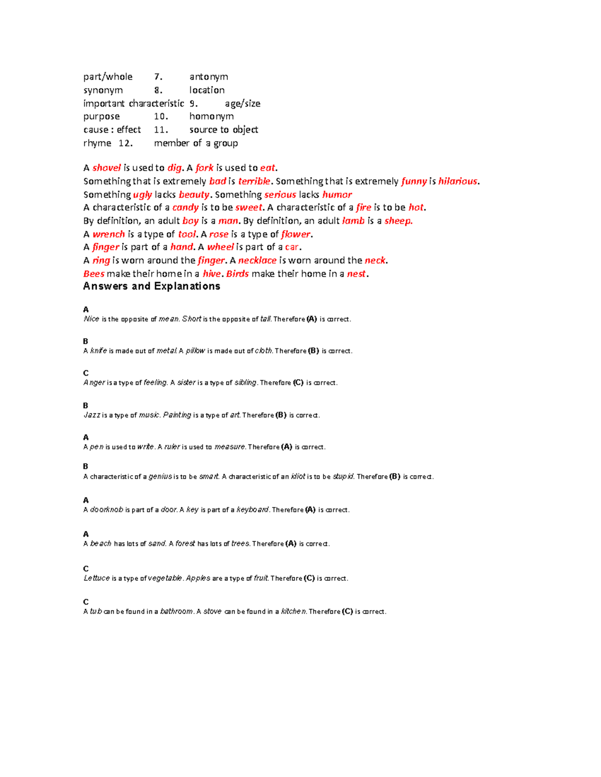 Part answer - Respuestas - part/whole 7. antonym synonym 8. location ...