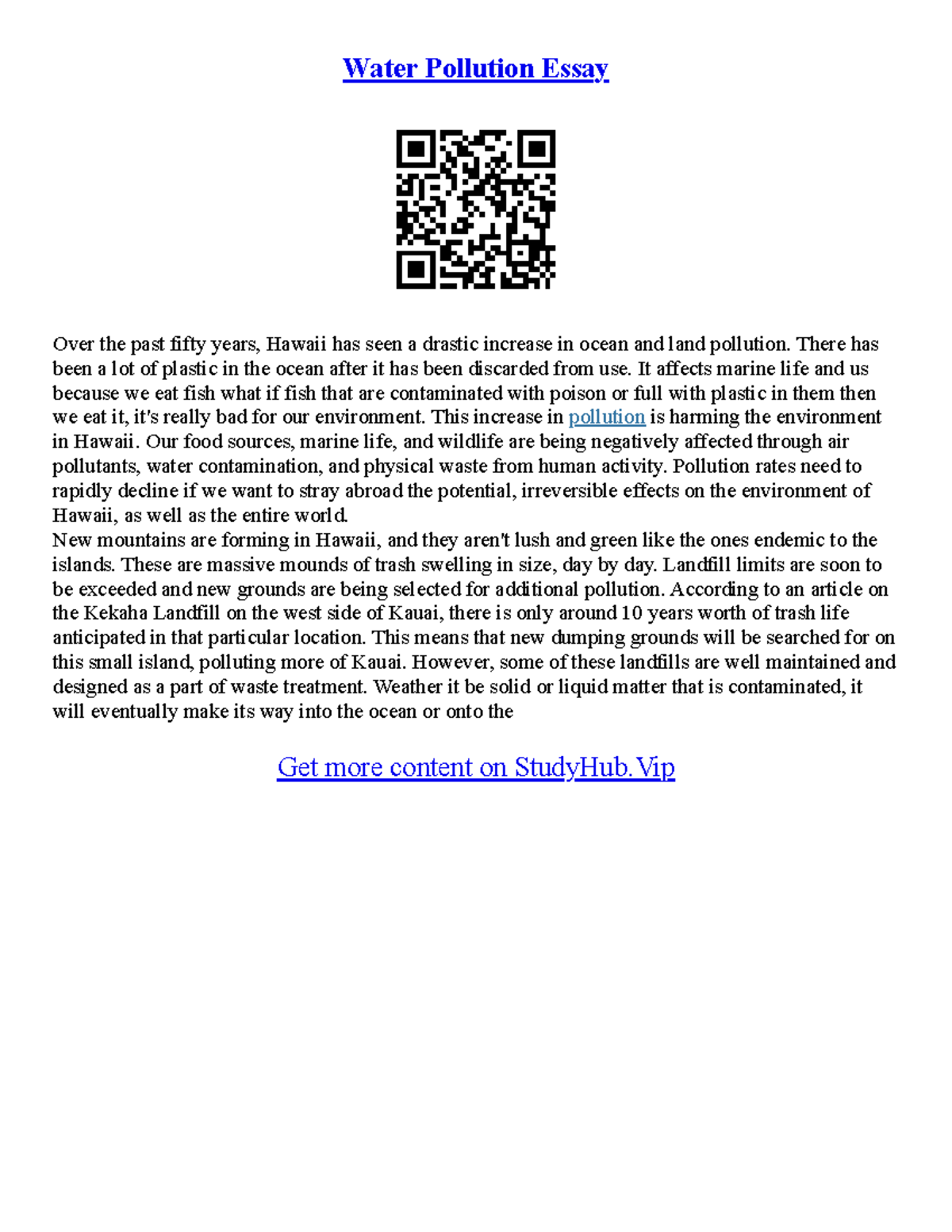 Essay About Water Pollution - Water Pollution Essay Over the past fifty ...