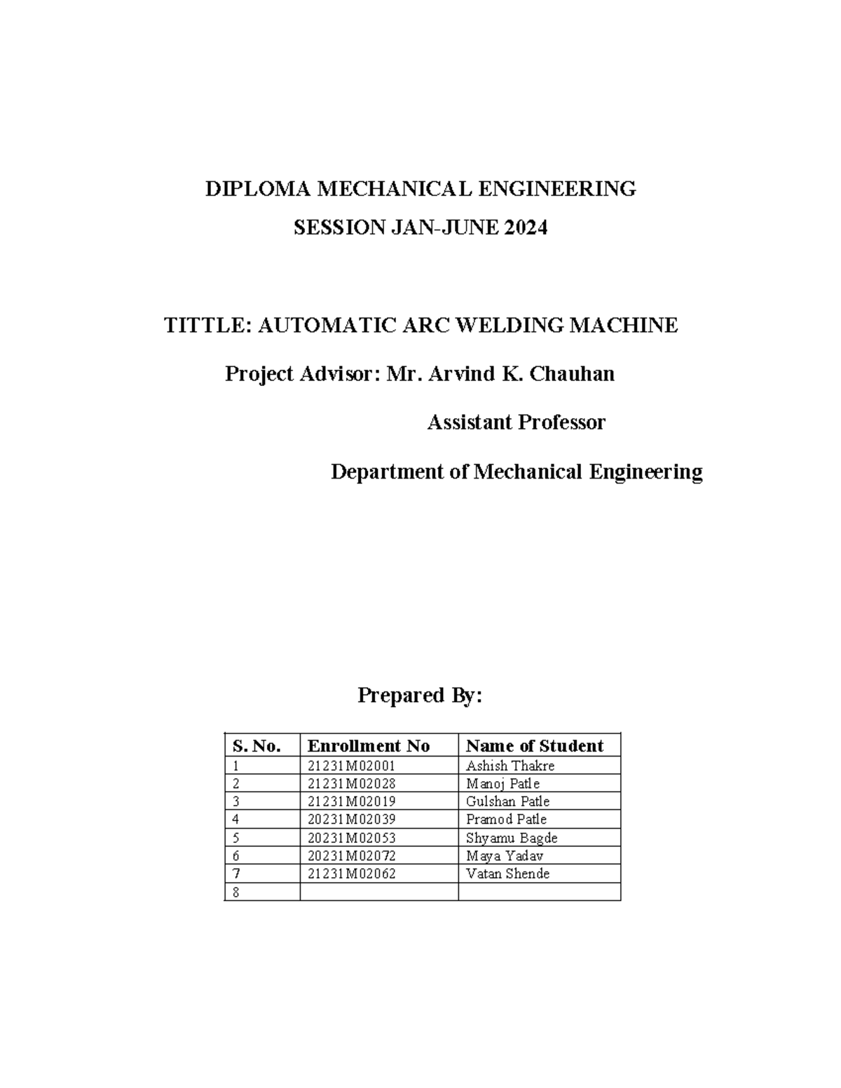Automatic ARC Welding Machine - DIPLOMA MECHANICAL ENGINEERING SESSION ...