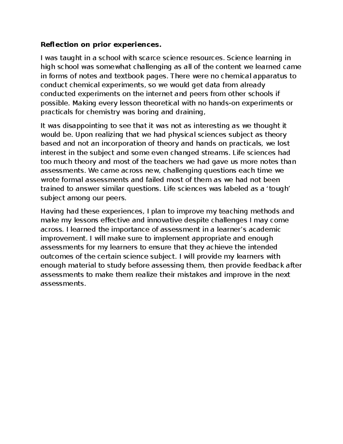 JMN 304 reflective practice - Reflection on prior experiences. I was ...