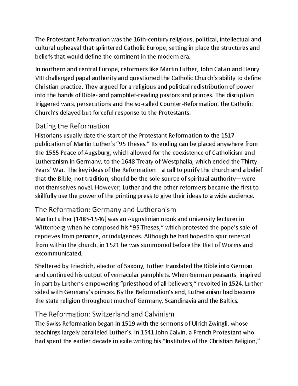 The Reformation - Notes - The Protestant Reformation was the 16th ...