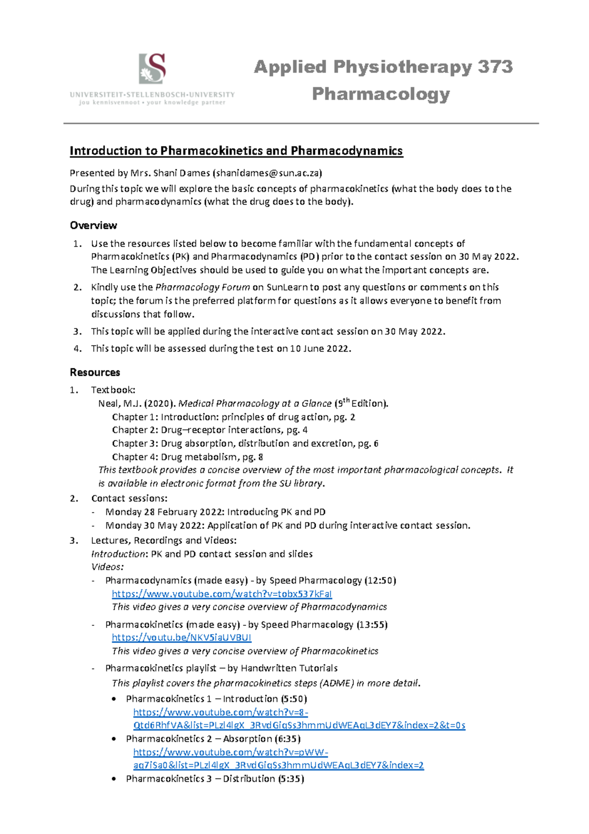 1. Pharm PK and PD Guide 2022 - Applied Physiotherapy 373 Pharmacology ...