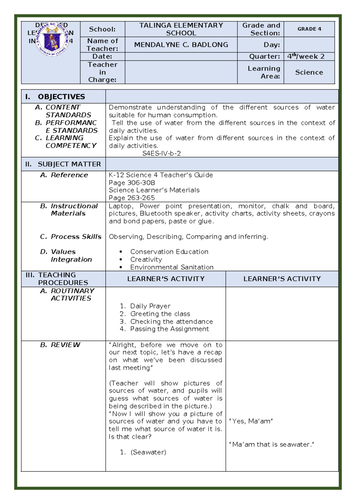 Detailed Lesson PLAN IN Science 4-1 - DETAILED LESSON PLAN IN SCIENCE 4 ...