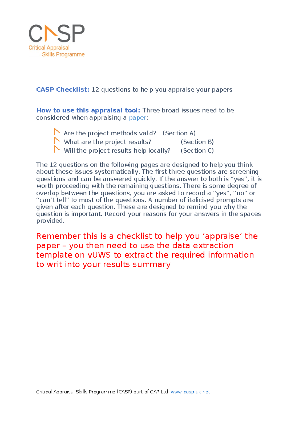 Critical appraisal Checklist - CASP Checklist: 12 questions to help you ...