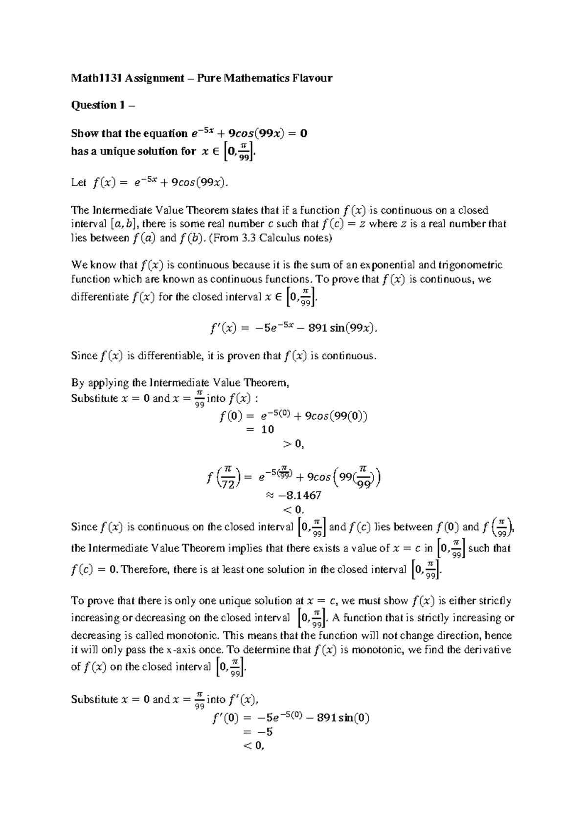 MATH1131 Assignment - Math1131 Assignment – Pure Mathematics Flavour Question 1 – Show that the ...