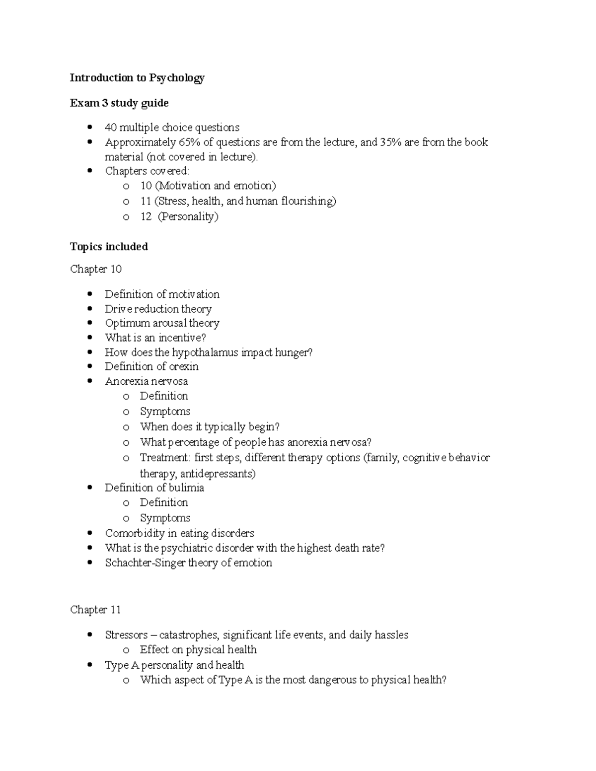 Intro Exam 3 study guide - Introduction to Psychology Exam 3 study ...