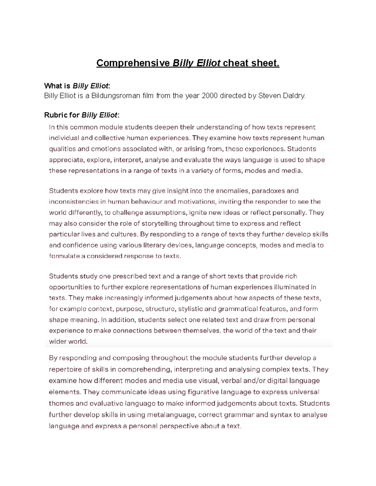 Billy Elliot Cheat Sheet - What is Billy Elliot: Billy Elliot is a ...
