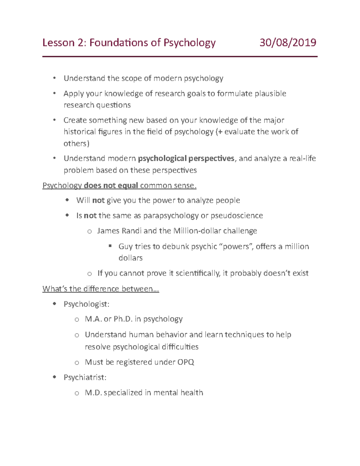 Lesson 2 - Notes - Lesson 2: Foundations of Psychology 30/08 ...