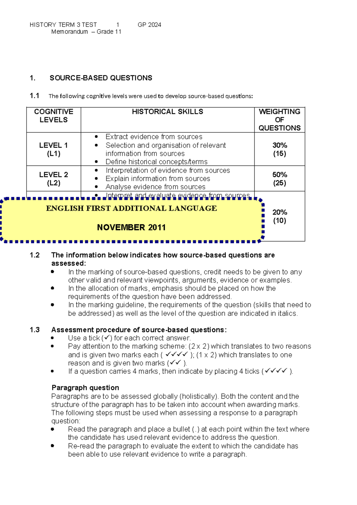 2024 TERM 3 Memorandum Moderated copy - Memorandum – Grade 11 1. SOURCE-BASED QUESTIONS 1 The ...