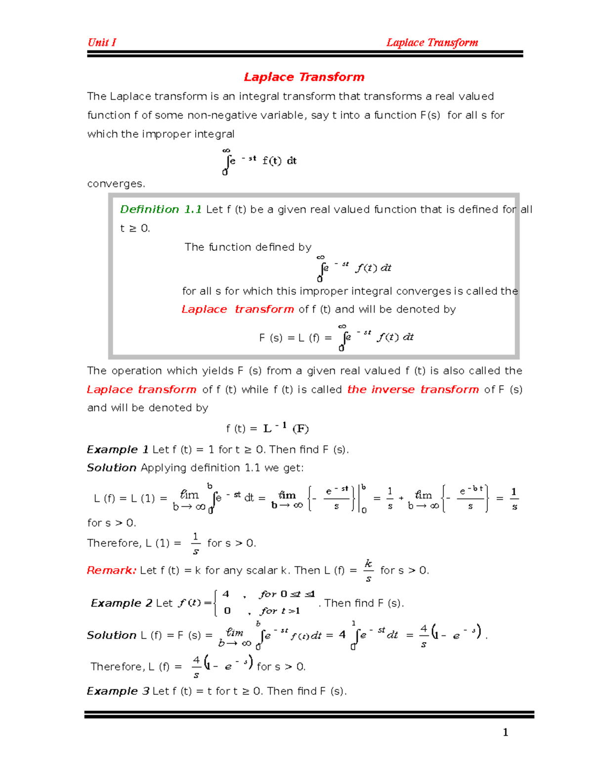 Unit i laplace transforms - Laplace Transform The Laplace transform is an integral transform ...
