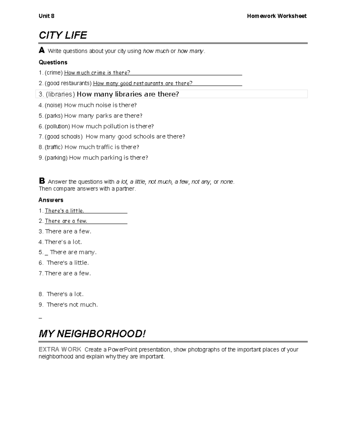 Unit 8 homework - Unit 8 Homework Worksheet CITY LIFE A Write questions ...