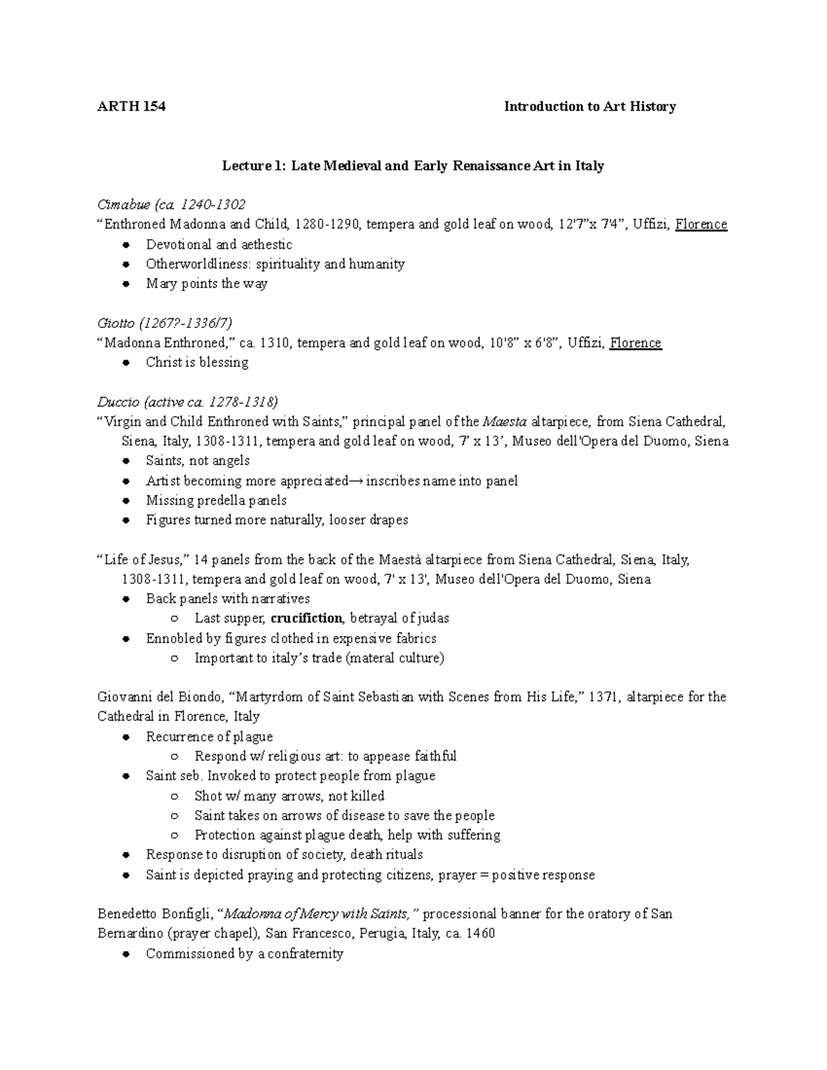 Lecture 1 Notes - ARTH 154 Introduction to Art History Lecture 1: Late ...