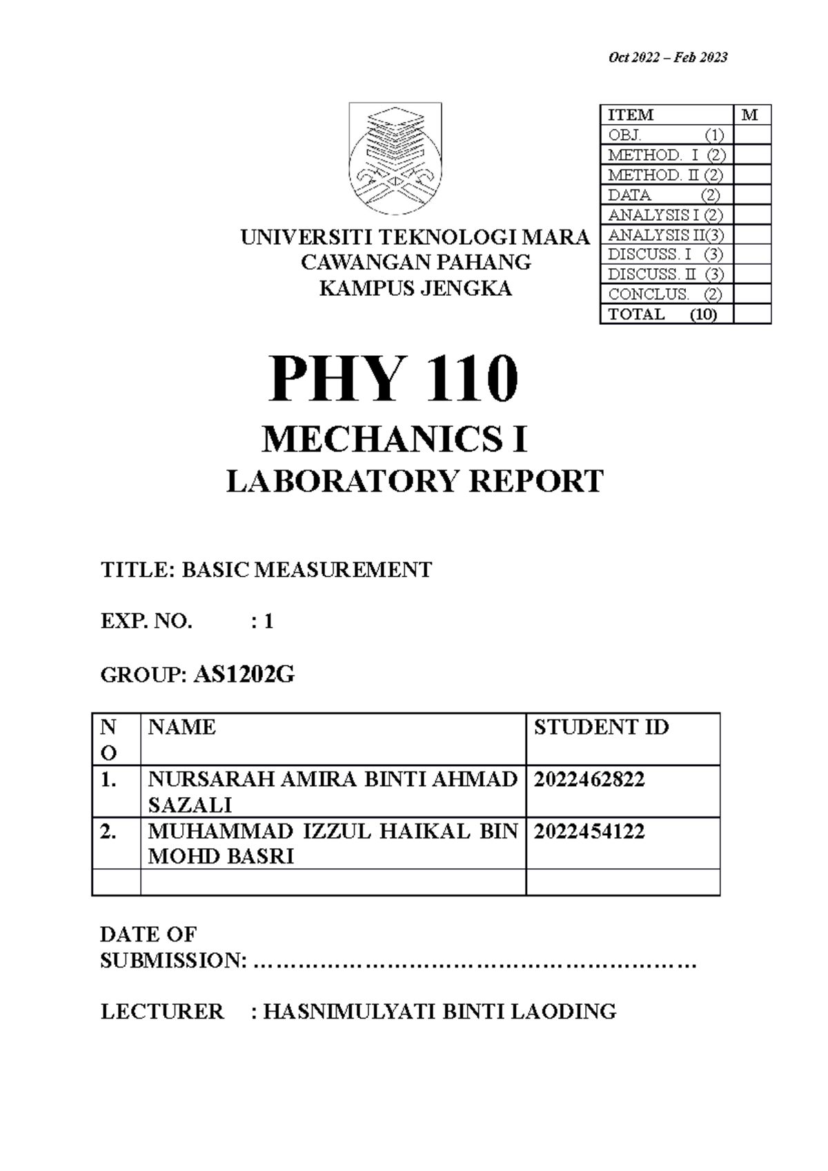 PHY 110 Lab report exp 1{} - UNIVERSITI TEKNOLOGI MARA CAWANGAN PAHANG KAMPUS JENGKA PHY 110 ...