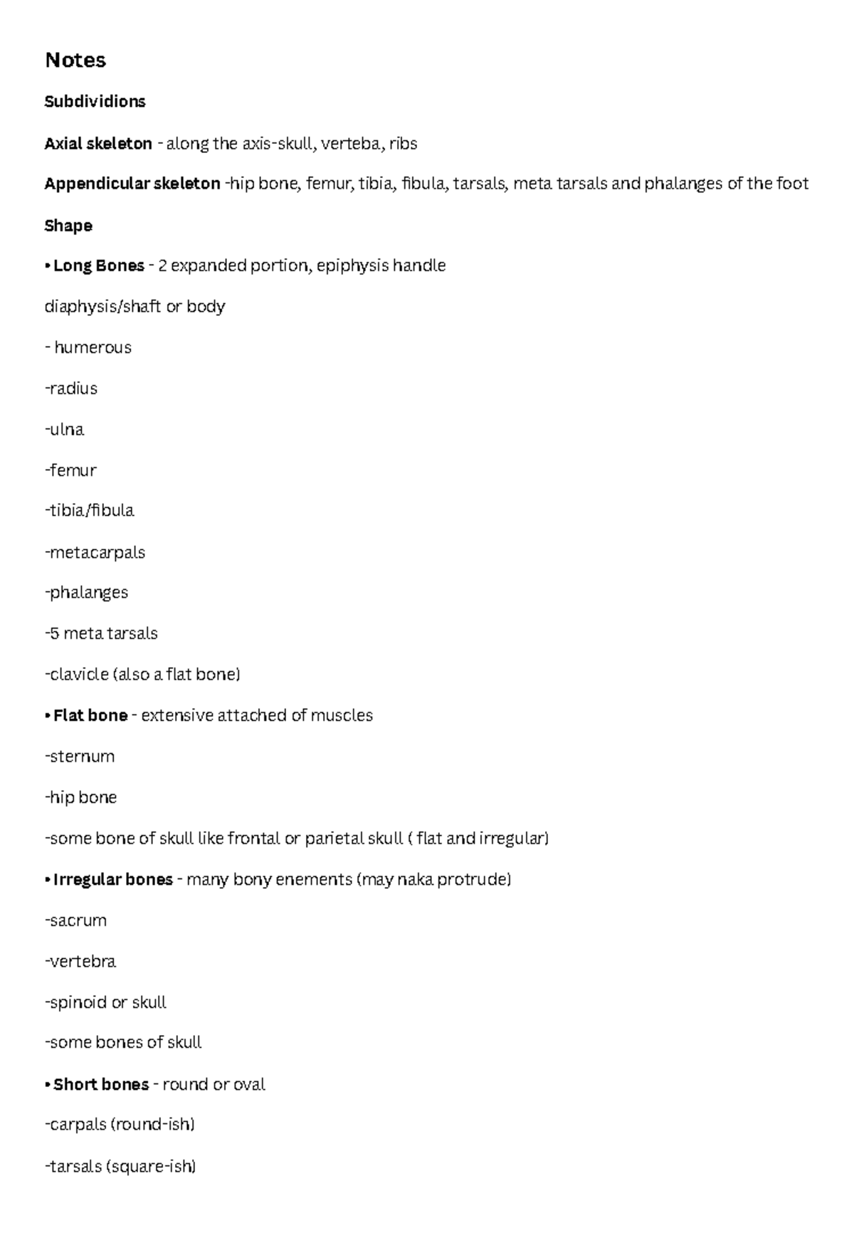 Notes-Bones - notes on the bones - Notes Subdividions Axial skeleton ...