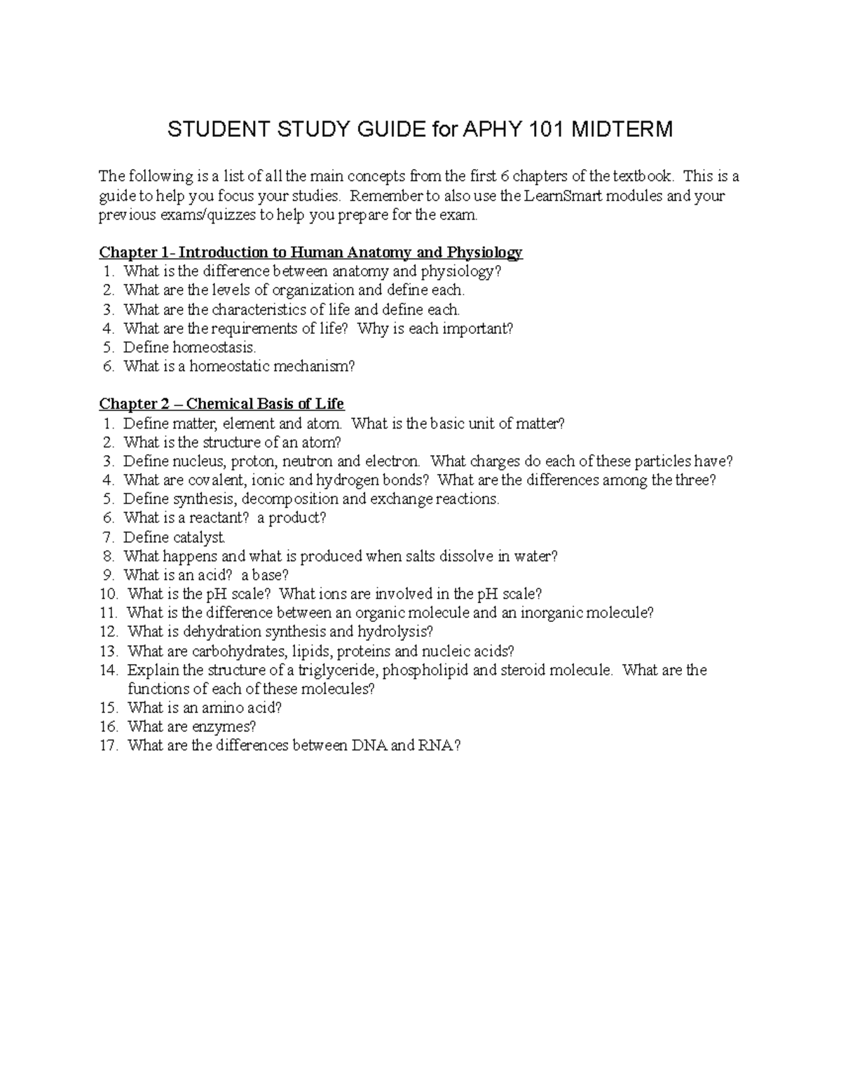 APHY101 Student Study Guide midterm exam - STUDENT STUDY GUIDE for APHY ...