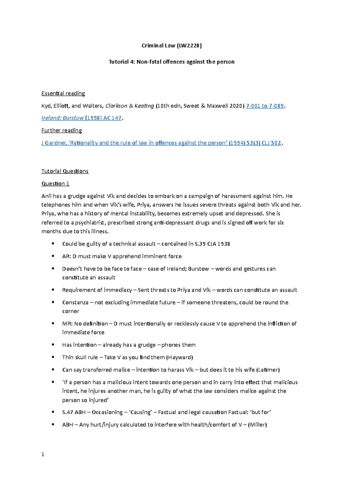 Tutorial 4 (LW2220) - Criminal Law (LW2220) Tutorial 4: Non-fatal ...