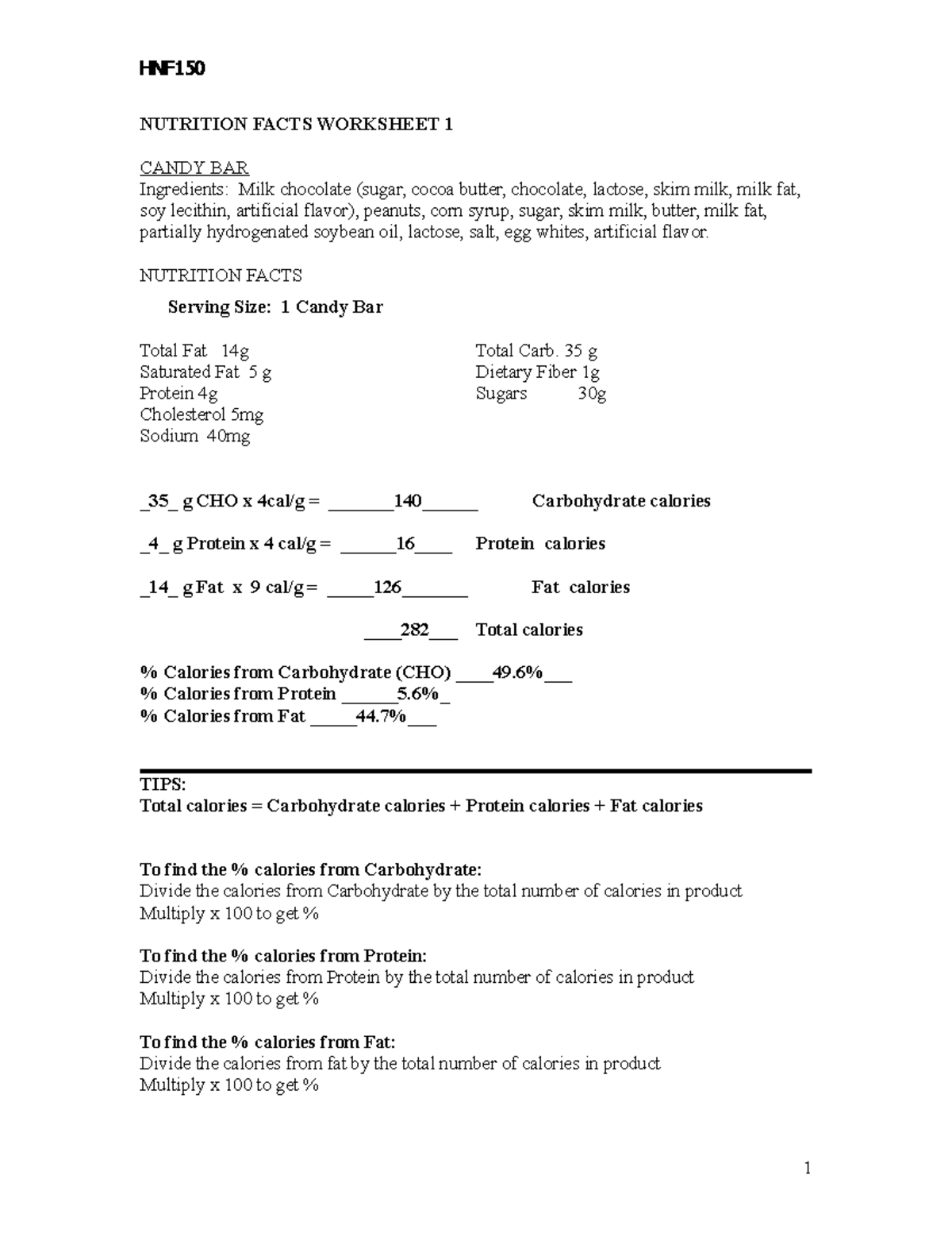Worksheet - Nutrition Facts Calculations - NUTRITION FACTS WORKSHEET 1 ...