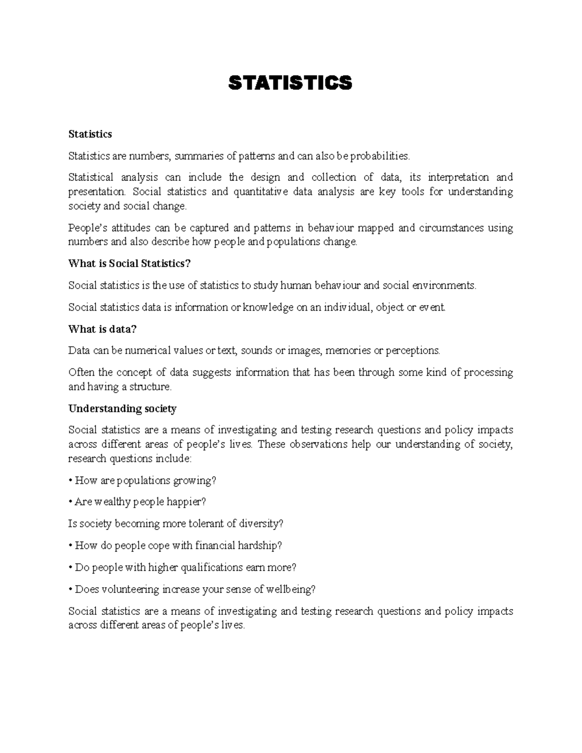 Statistics Notes - STATISTICS Statistics Statistics are numbers ...