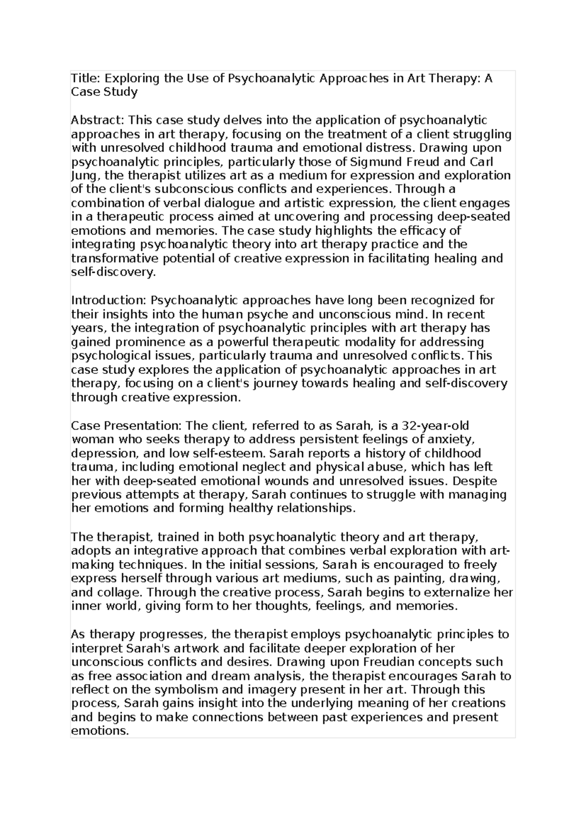 Art therapy - Title: Exploring the Use of Psychoanalytic Approaches in ...