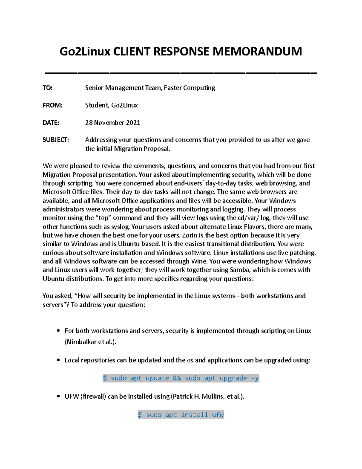 Project #2: Client Response Memorandum - Go2Linux CLIENT RESPONSE ...