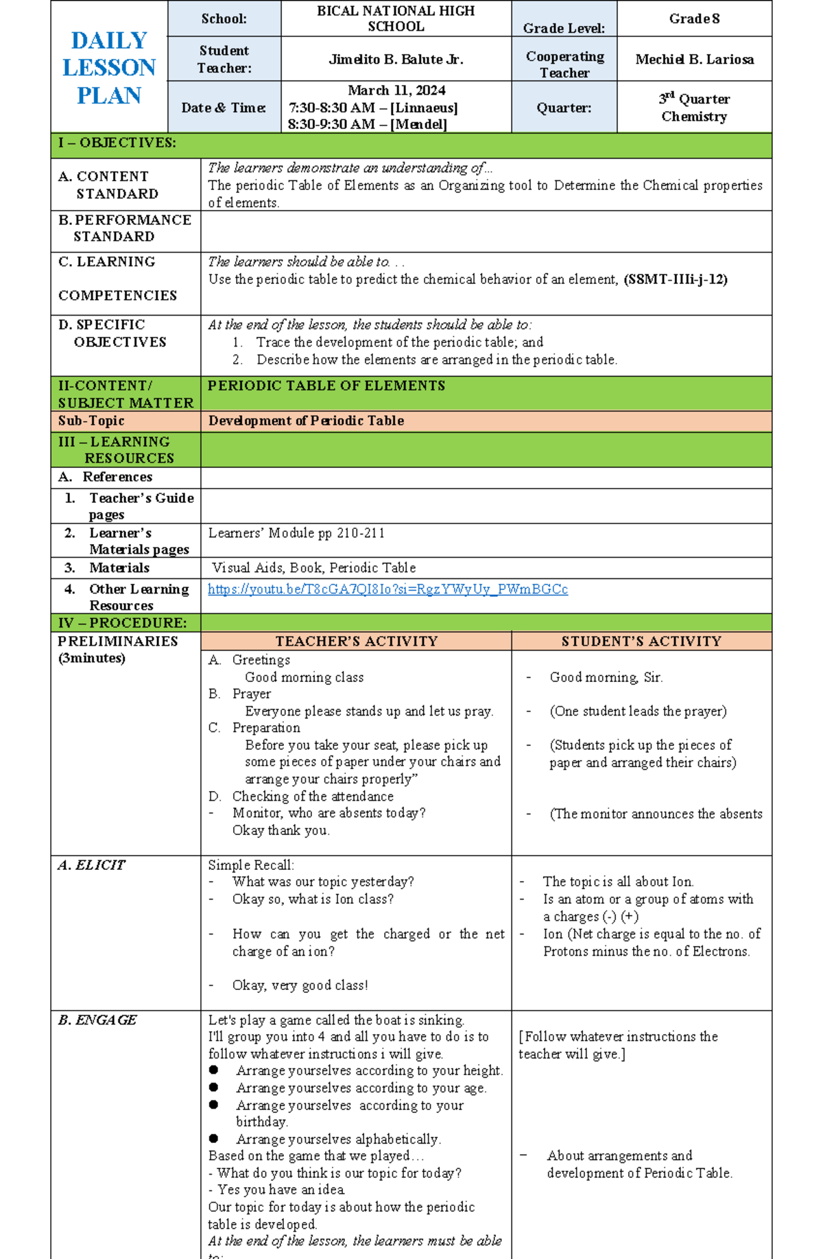 March 11, 2024 Development of Periodic Table DLP - DAILY LESSON PLAN ...