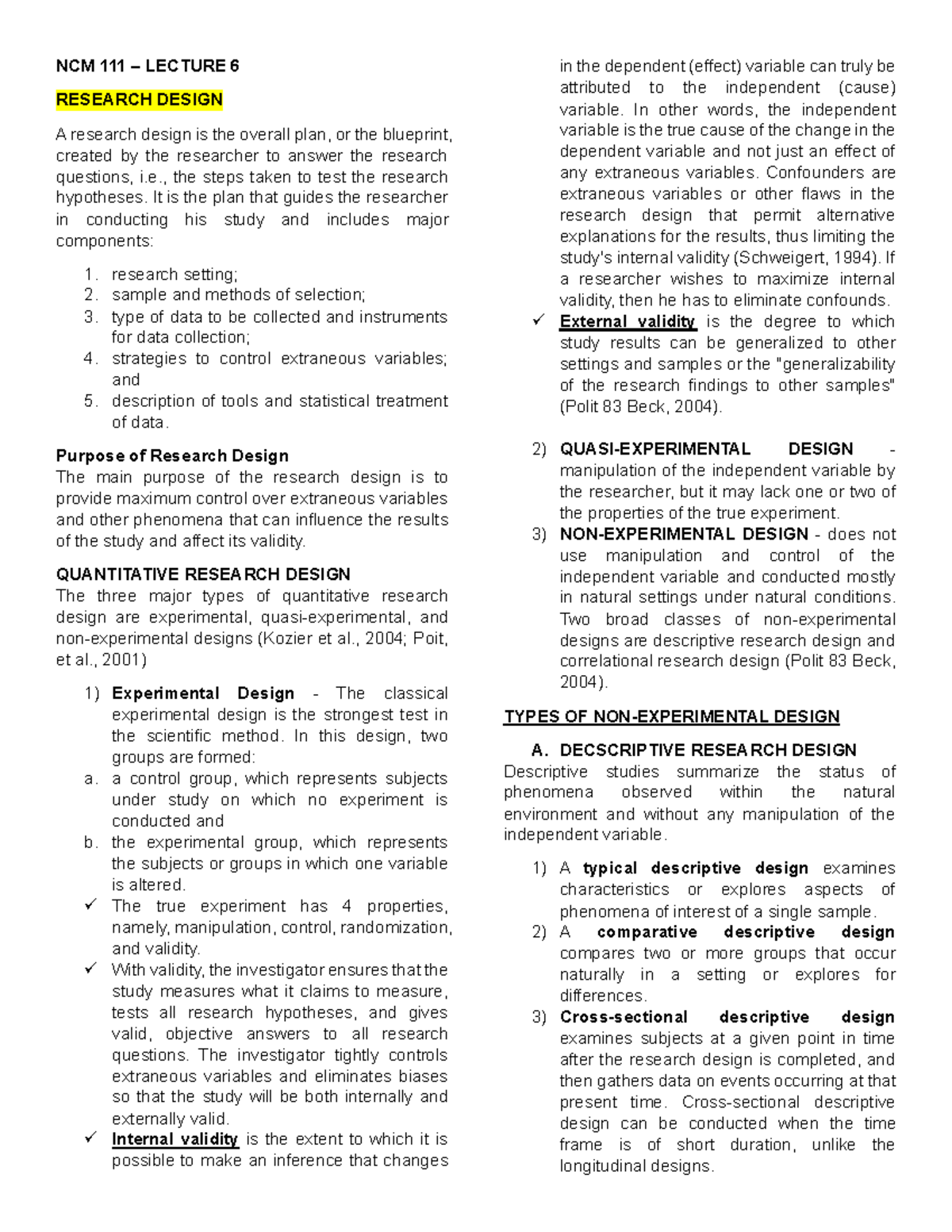 NCM 111 Lecture 6 - NCM 111 – LECTURE 6 RESEARCH DESIGN A research ...