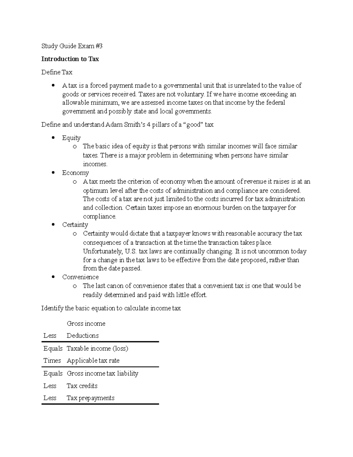 Study Guide Exam 3 filled out - Study Guide Exam #3 Introduction to Tax ...