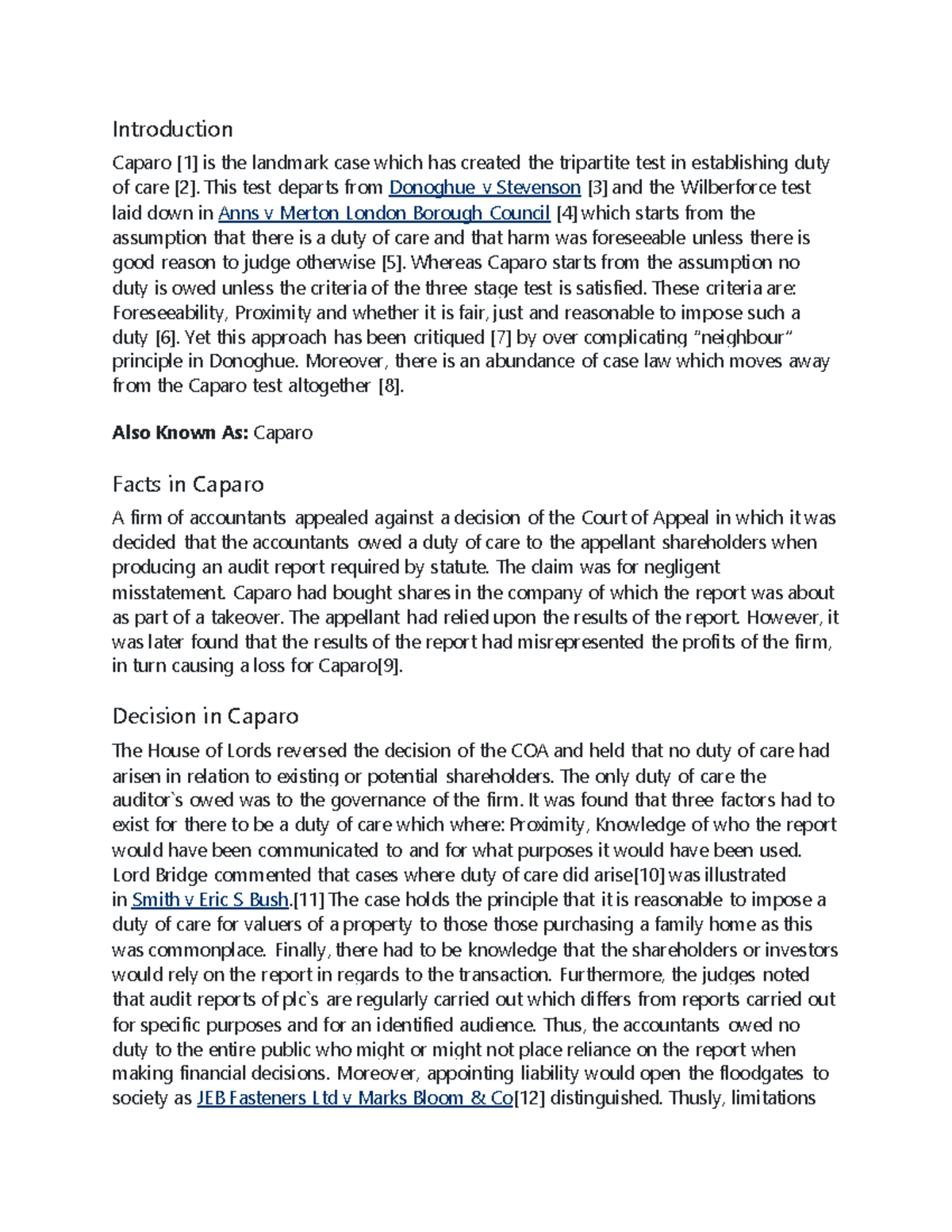 Caparo vs Dickman - Case law on negligence - Introduction Caparo [1] is ...