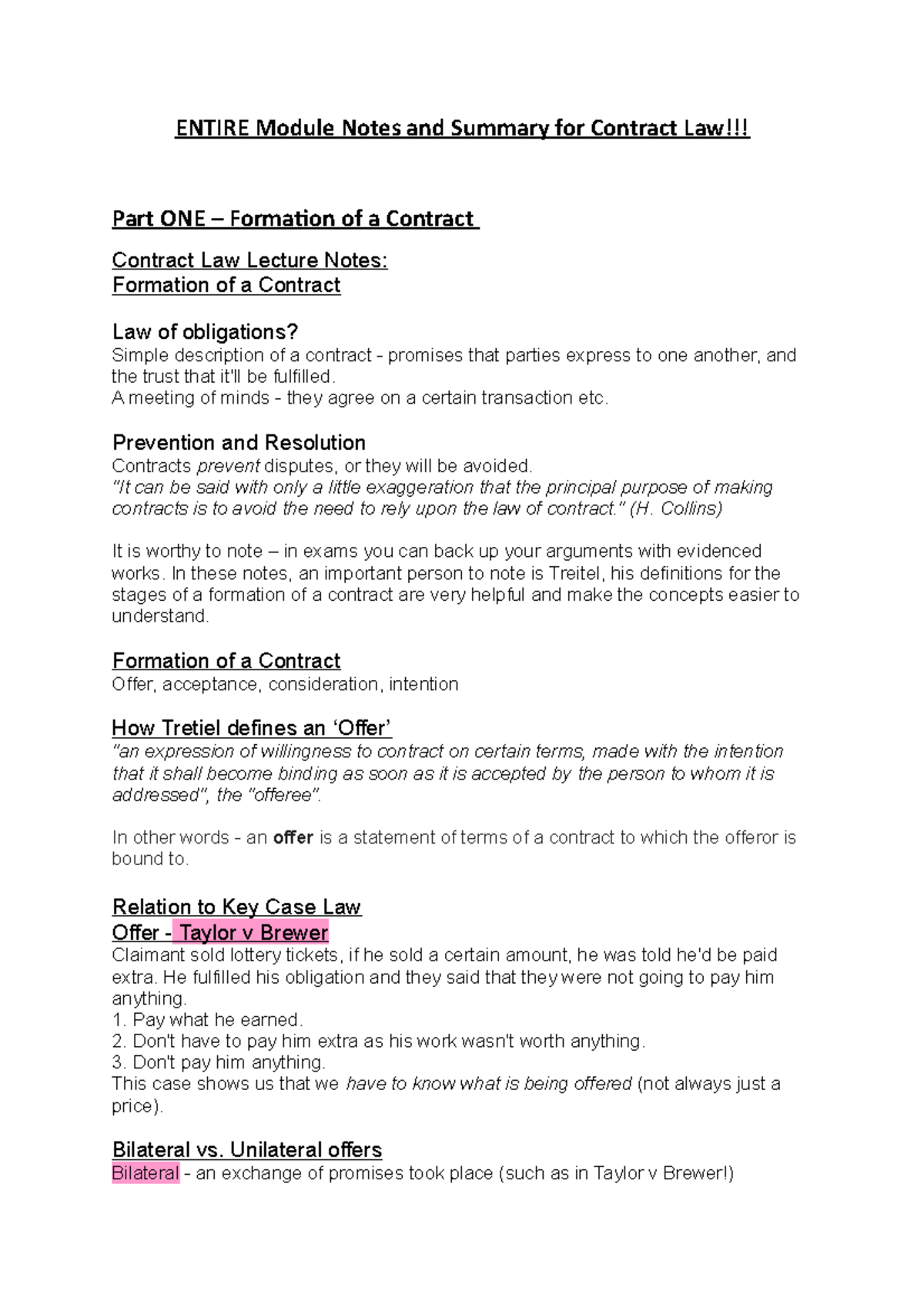 Entire Module Notes and Summary for Contract Law - ENTIRE Module Notes ...