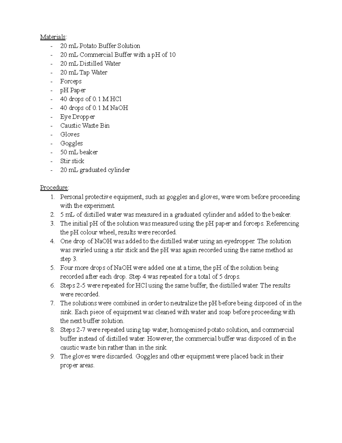 Buffer Lab Part 2 - Materials: - 20 mL Potato Buffer Solution - 20 mL ...