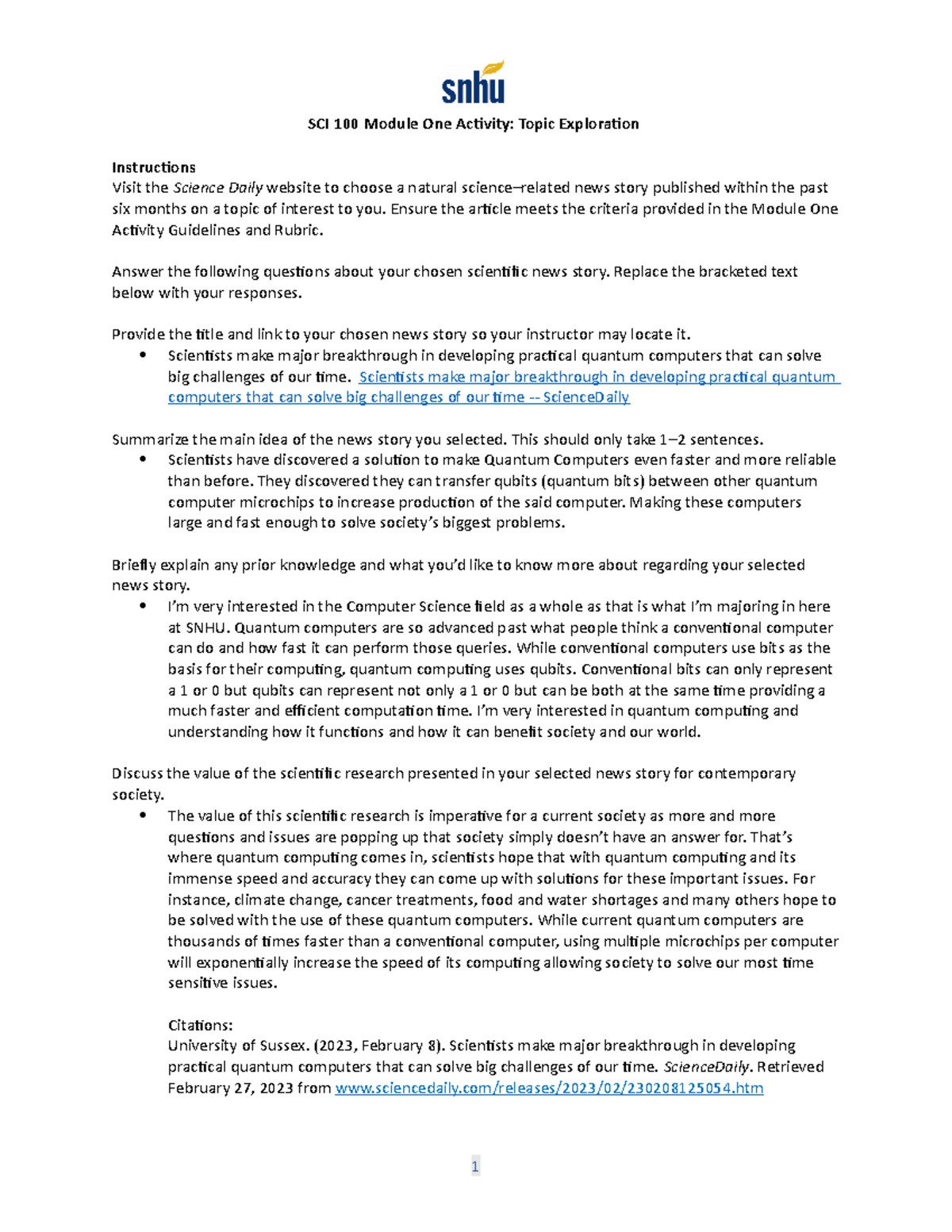 SCI 100 Module One Activity - Ensure the article meets the criteria ...