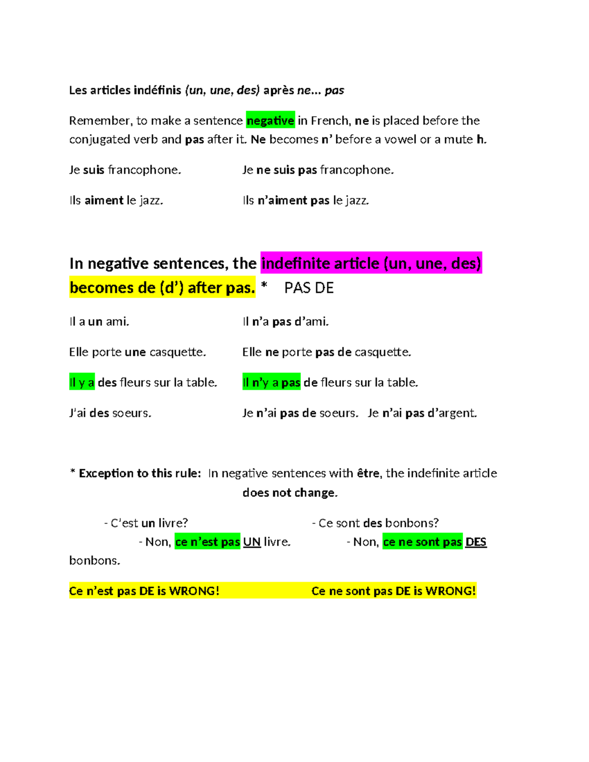 Les articles indéfinis + ne - Les articles indéfinis (un, une, des ...