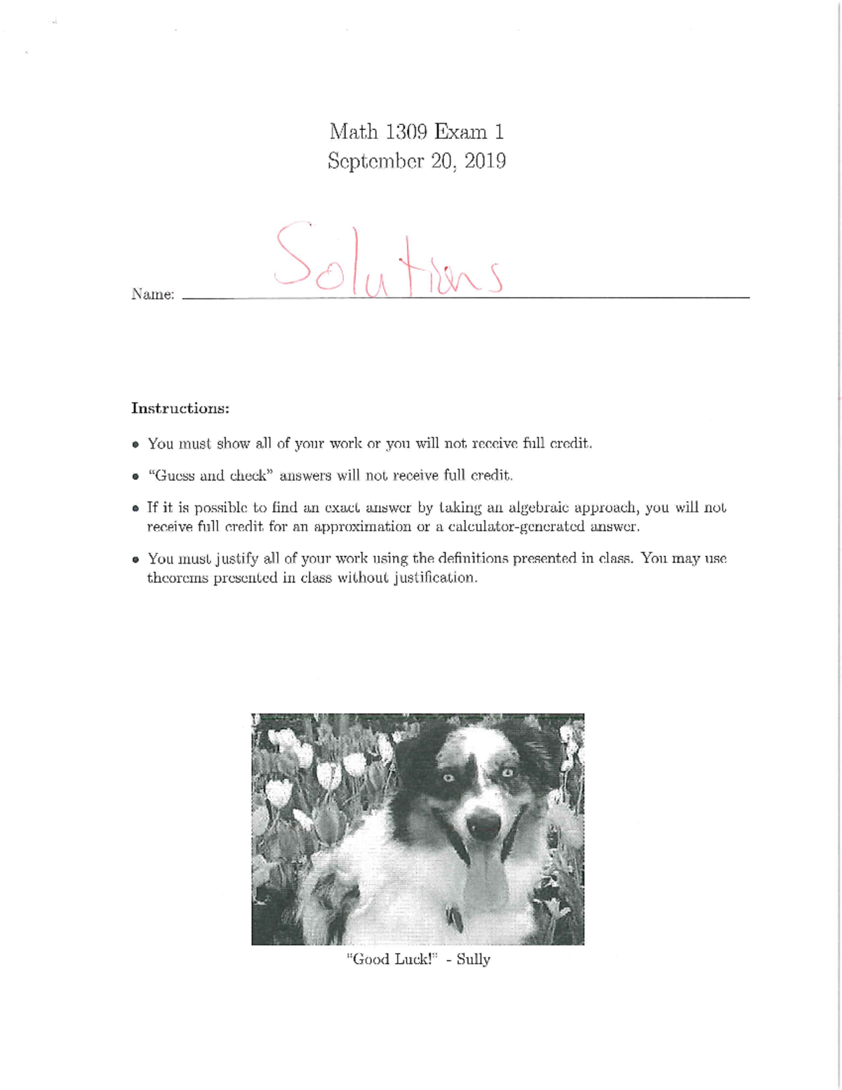 Exam 1 Solution - Math 1309 Exam 1 September 20, 2019 . , : Oly TiS ...