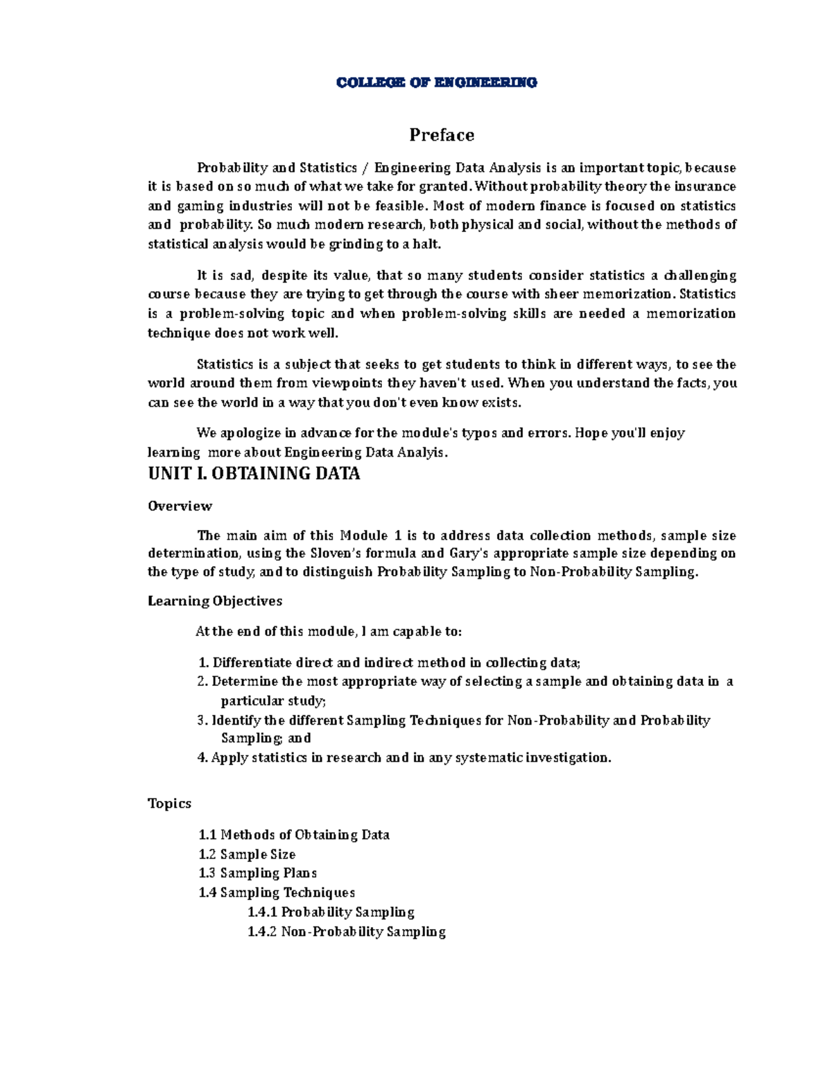 Probability and Statistics Engineering Data Analysis - COLLEGE OF ENGINEERING Preface ...