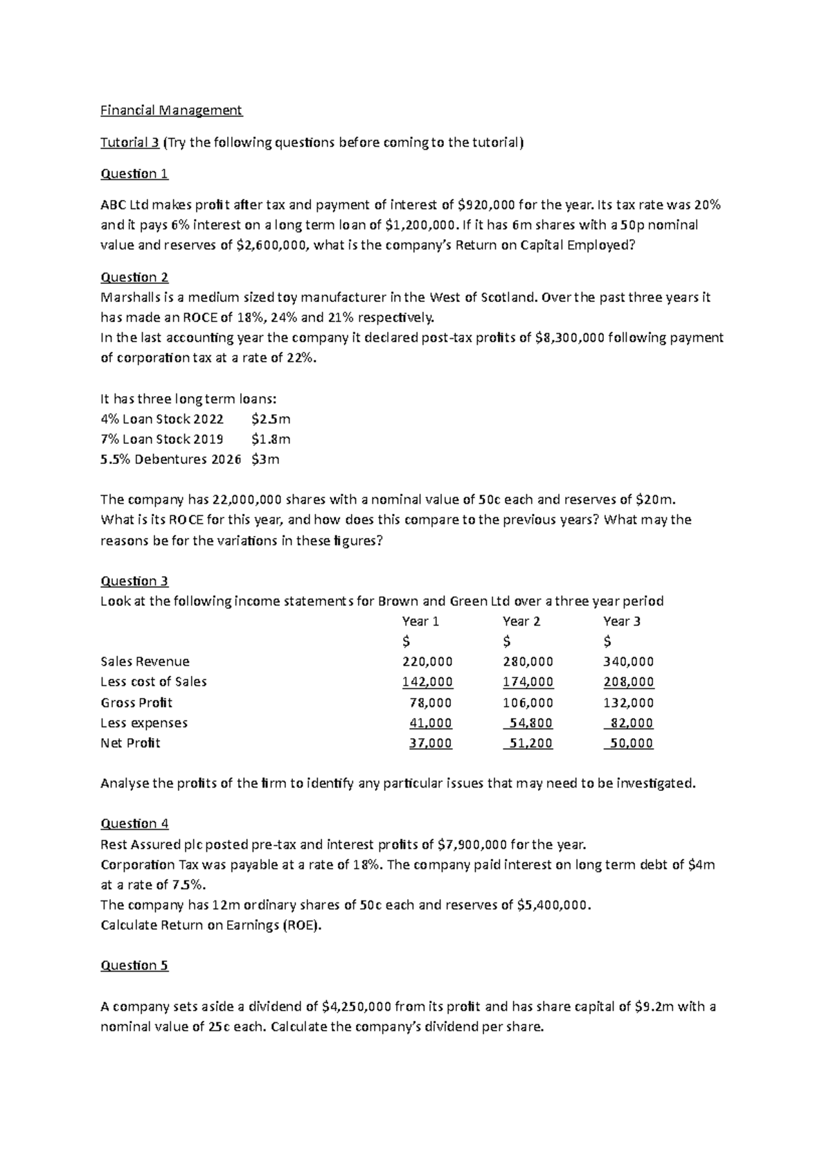 Tutorial 3 Questions - Financial Management Tutorial 3 (Try the ...