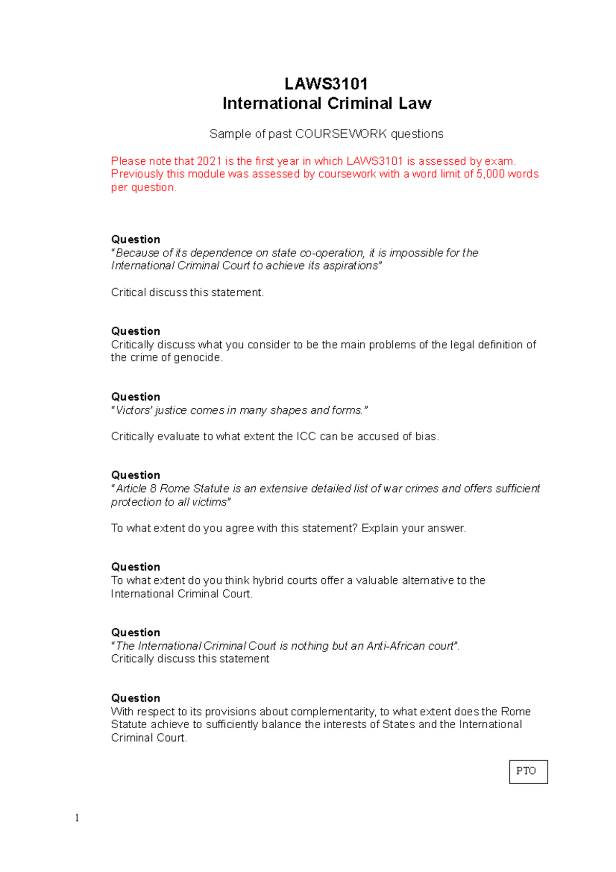 Past Coursework Questions - LAWS International Criminal Law Sample of ...
